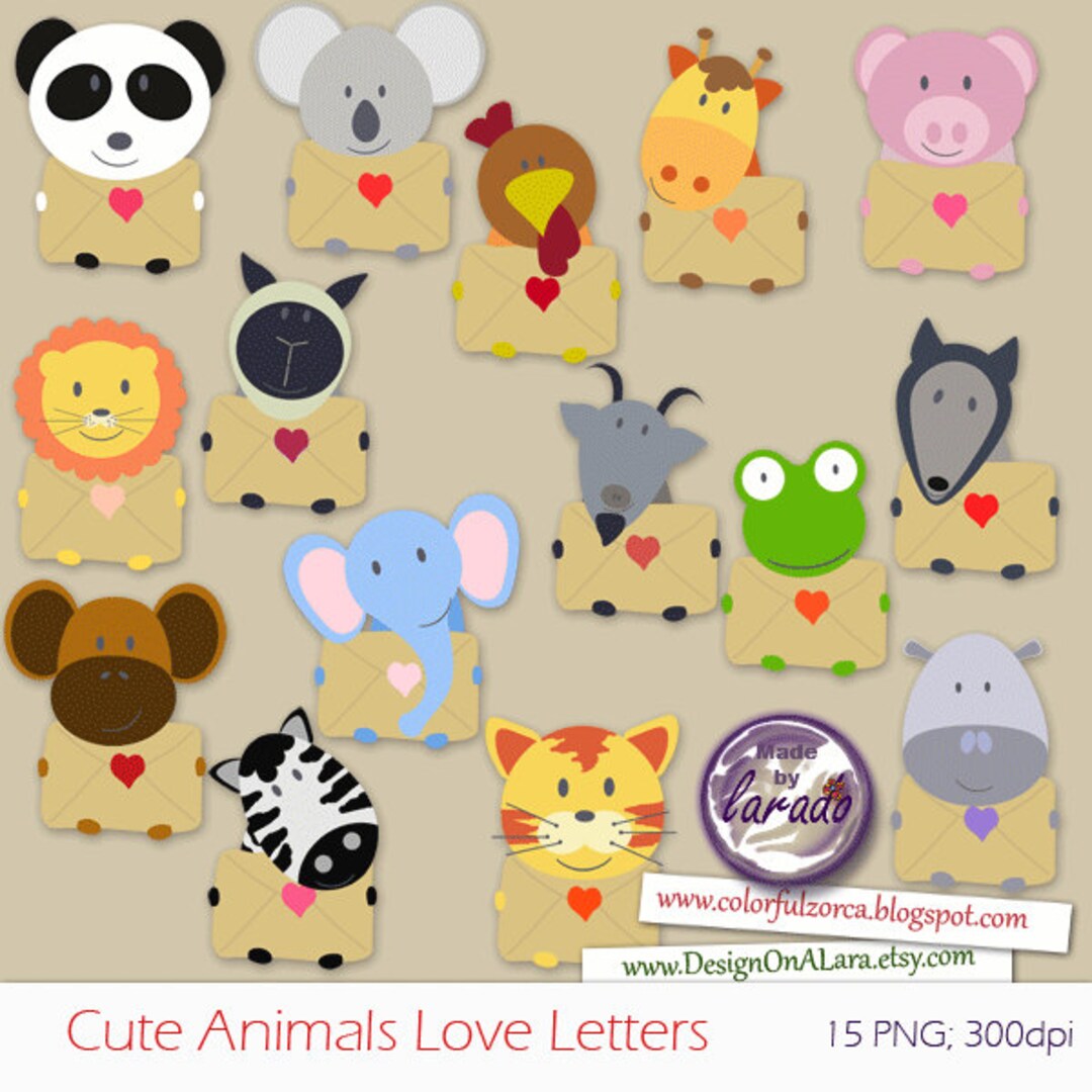 Cute Animals Love Letters Clip Art, Valentine Clipart, Valentine ...
