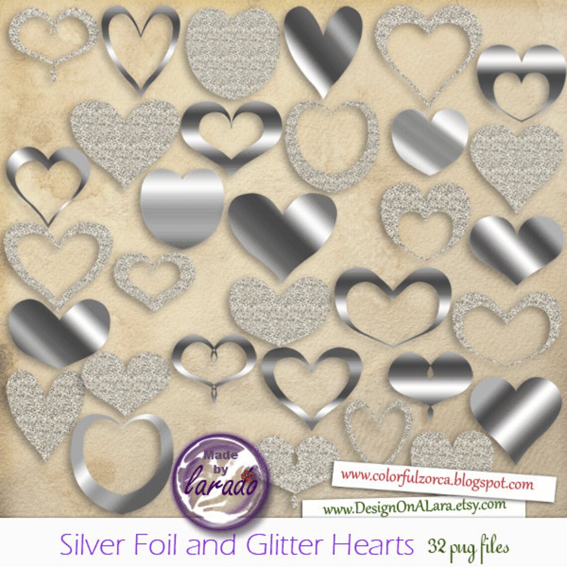 Silver Foil and Glitter Hearts Clipart, Silver Glitter Valentines ...