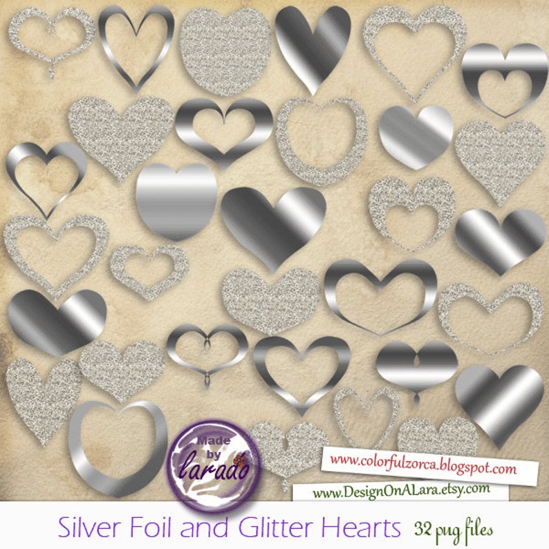 Silver Foil and Glitter Hearts Clipart, Silver Glitter Valentines ...