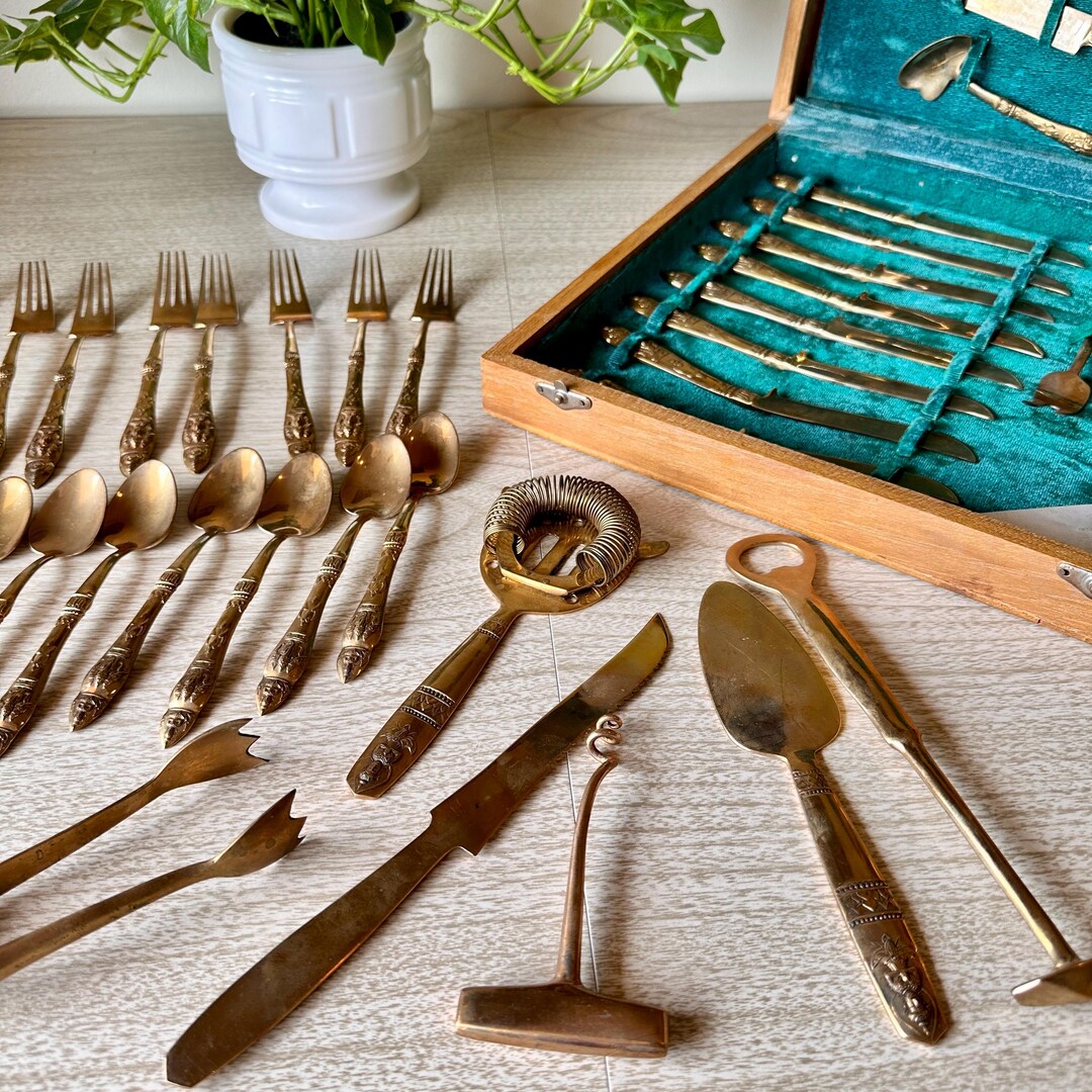 Vintage 1950s Brass Flatware & Bar Set - Etsy