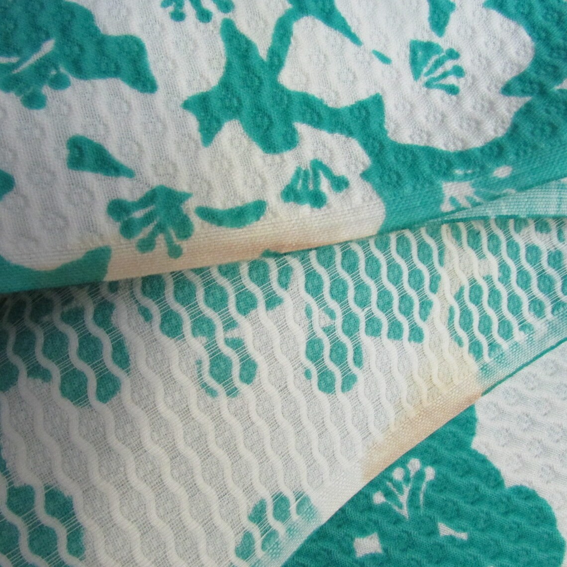 Honeycomb Piqué Turquoise Floral Fabric Cotton 1972 Russell Mills ...