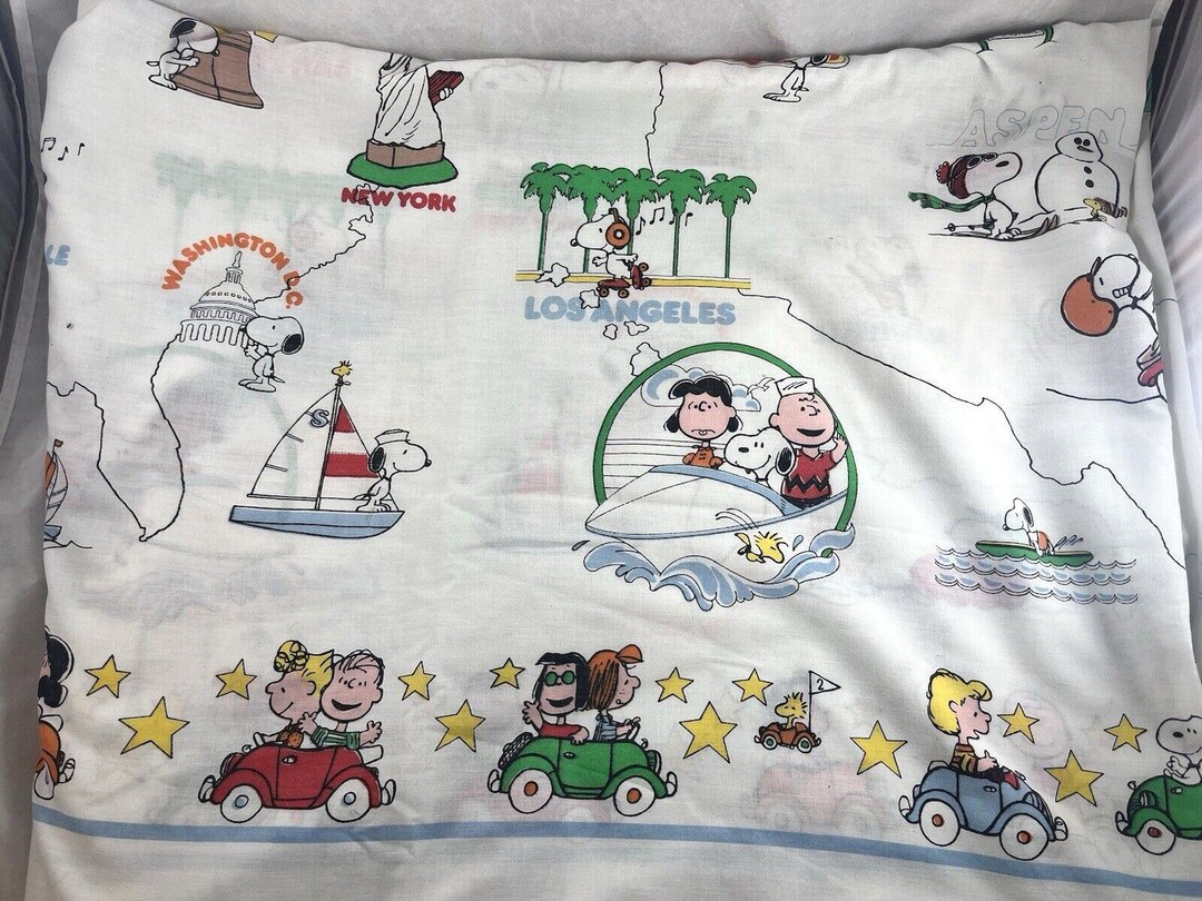 Peanuts Gang Snoopy US Cities Map Landmarks Twin Flat Sheet Vintage ...