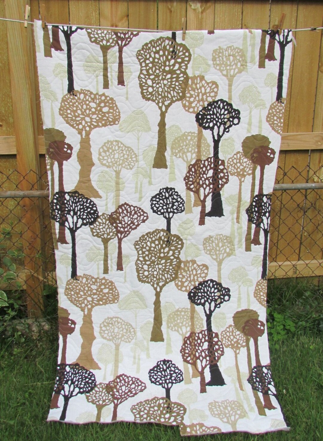 Stylized Trees Quilted Fabric Panel Brown Earth Tones Cutter 68" Length ...