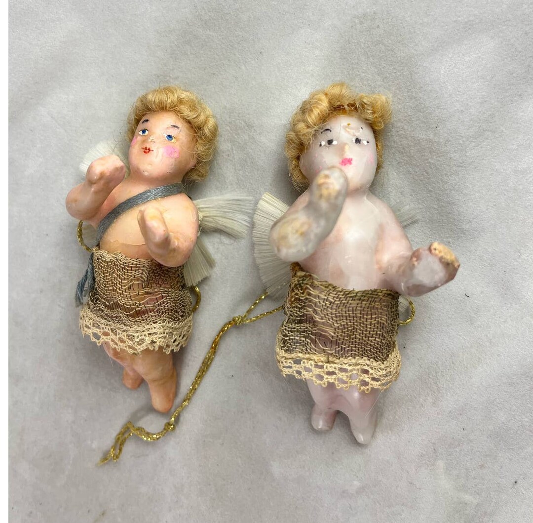 Pair Antique Victorian German Wax Angels Christmas Ornaments Spun Glass ...