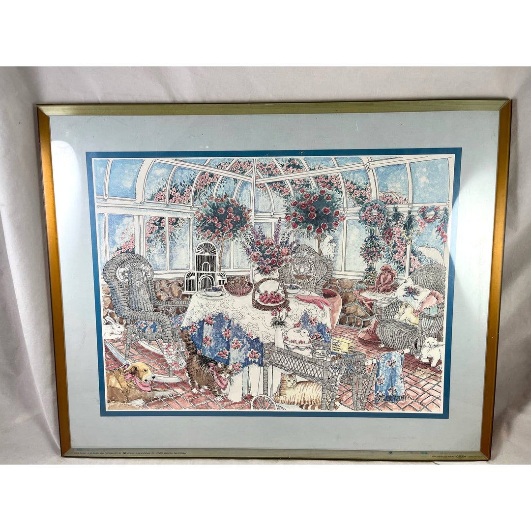 Alice Shaw Greenhouse Room Litho Print Cottagecore Dog Cats Bunny 20x16 ...