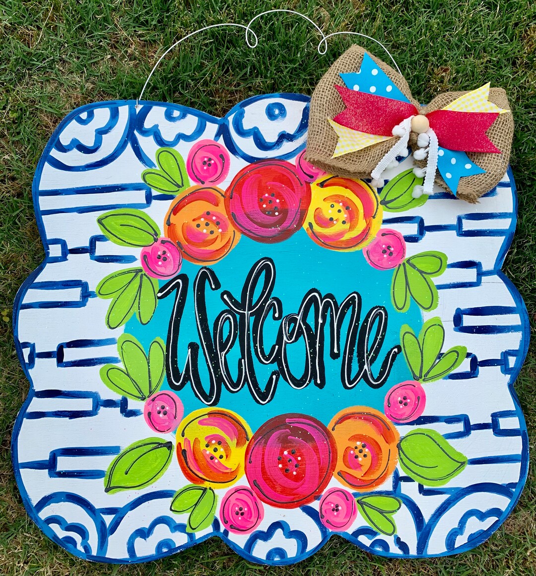 Summer Door Hanger, Spring Door Hanger, Blue and White Chinoiserie Door ...