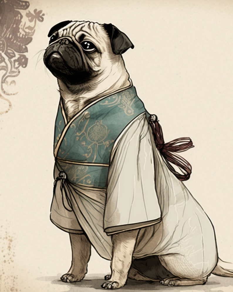 Asian Style Pug Printable Art Bundle of 4 Images Instant Download, Cute ...