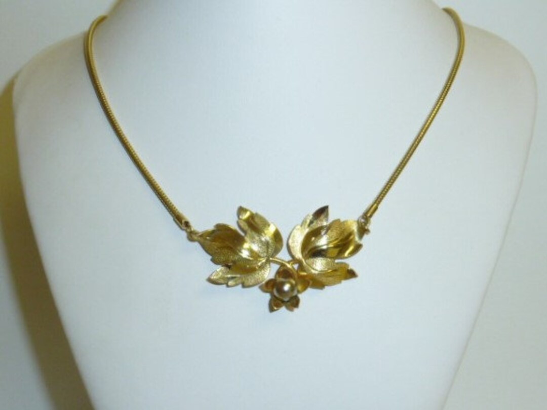 Vintage FORSTNER Snake Chain Necklace 12 K Gold Filled Leaf Motif Faux ...