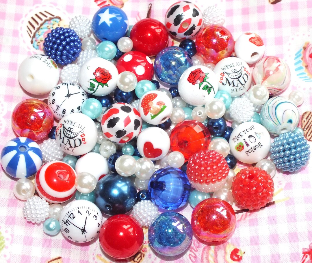 50 Pcs Red White & Blue Alice Mix Bubblegum Round Beads Assorted Mix ...