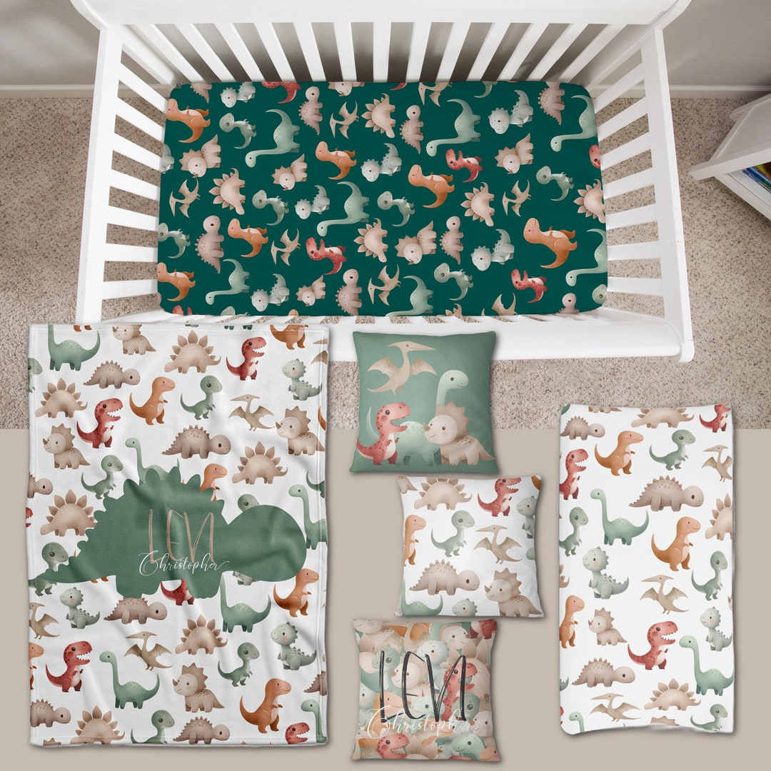 Personalized Dinosaur Baby Boy Crib Set, Dino Blanket, Green Nursery ...