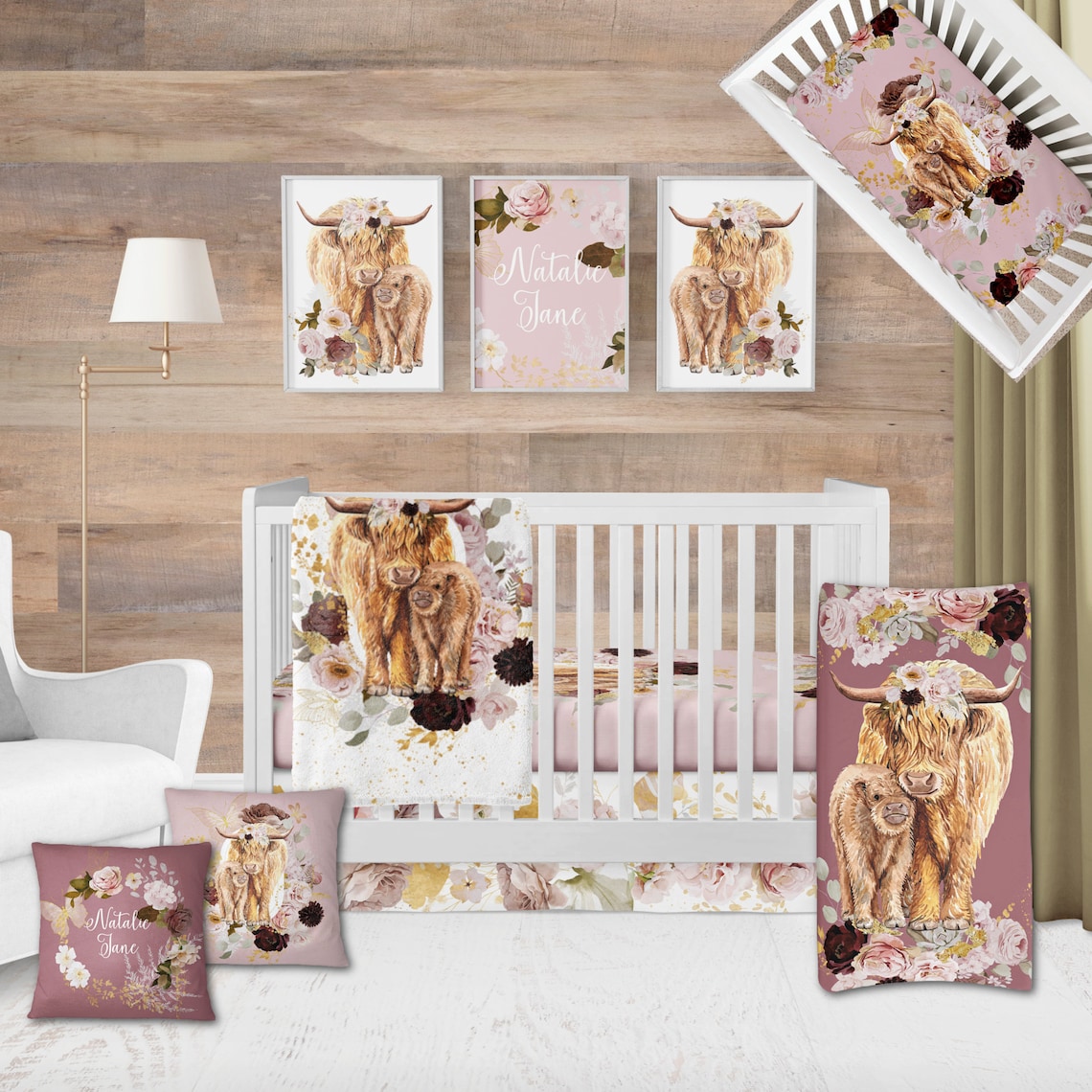 Personalized Highland Cow Baby Girl Crib Bedding Set Pink - Etsy