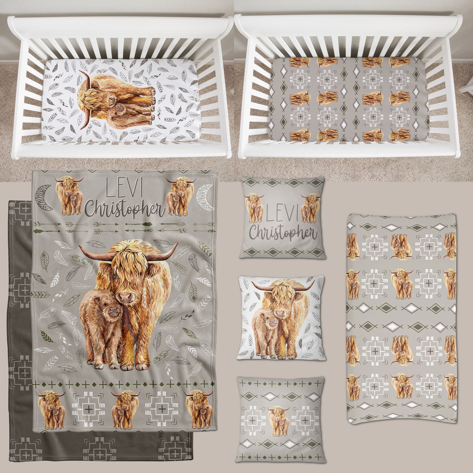 Personalized Highland Cow Baby Boy Crib Bedding Set Tribal - Etsy