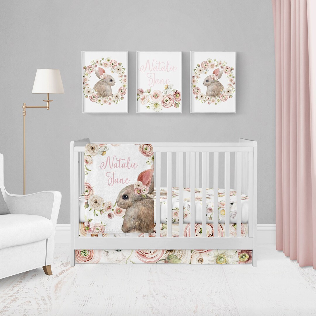 Personalized Bunny Baby Girl Crib Bedding Set, Woodland Minky Blanket ...