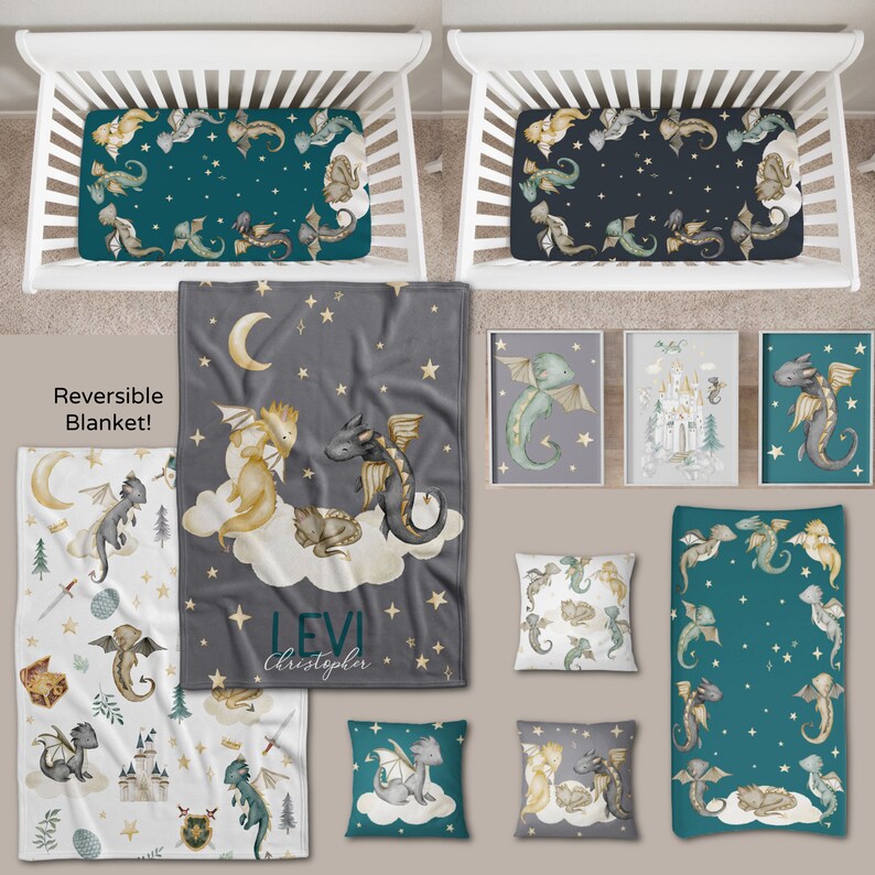 Personalized Dragon Baby Boy Crib Bedding Set Teal Grey - Etsy