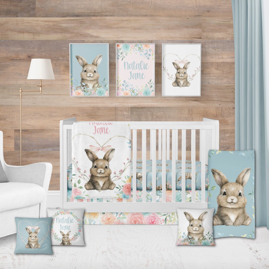 Personalized Bunny Rabbit Baby Girl Crib Bedding Set, Pink Blue Minky ...