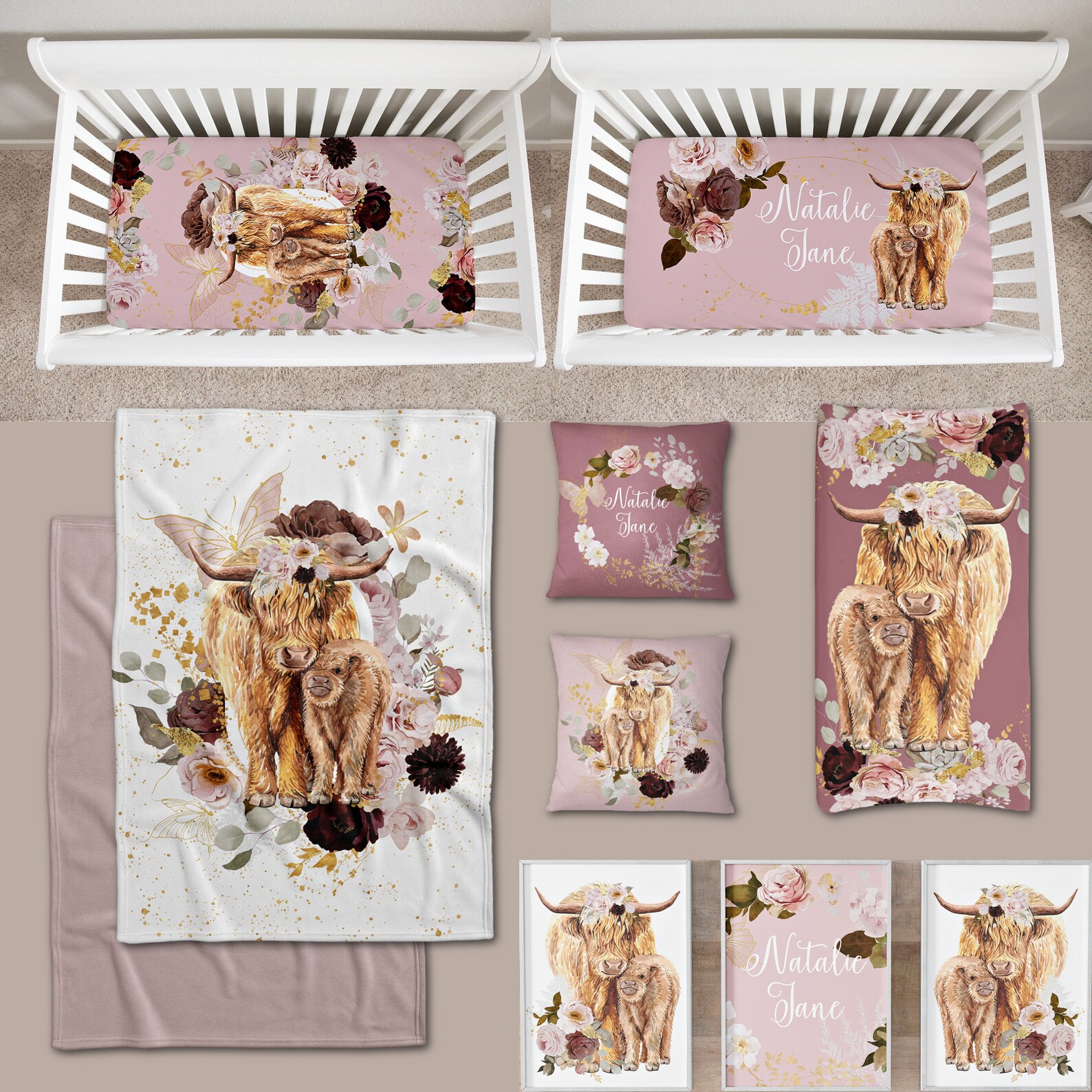 Personalized Highland Cow Baby Girl Crib Bedding Set Pink - Etsy