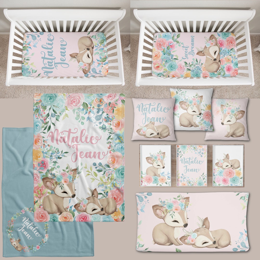Personalized Deer Fawn Baby Girl Crib Bedding Set Pink Blue - Etsy