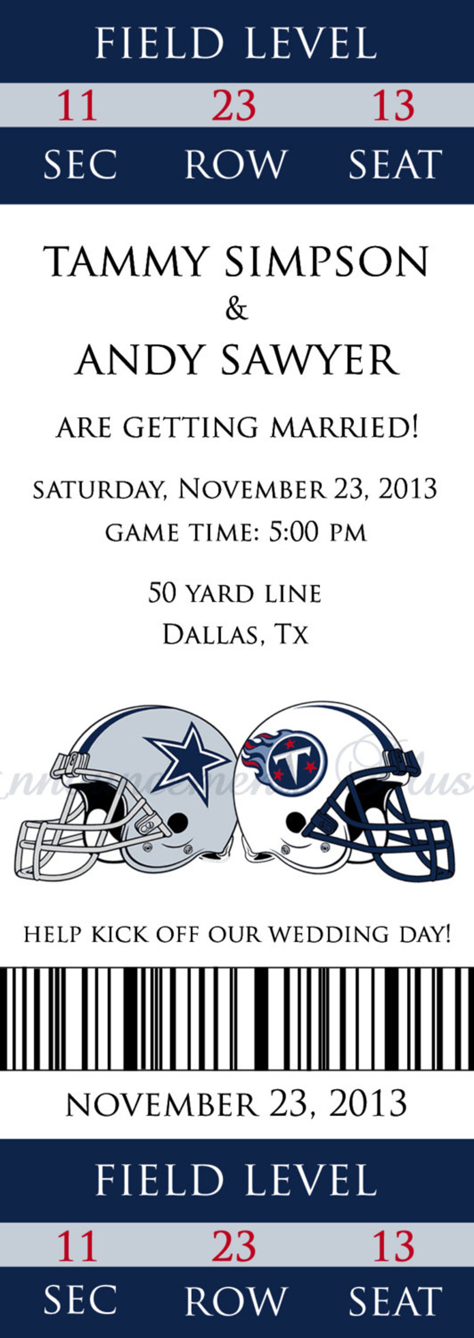 Football Theme Wedding Invitation/save the Date Ticket (any Team ...