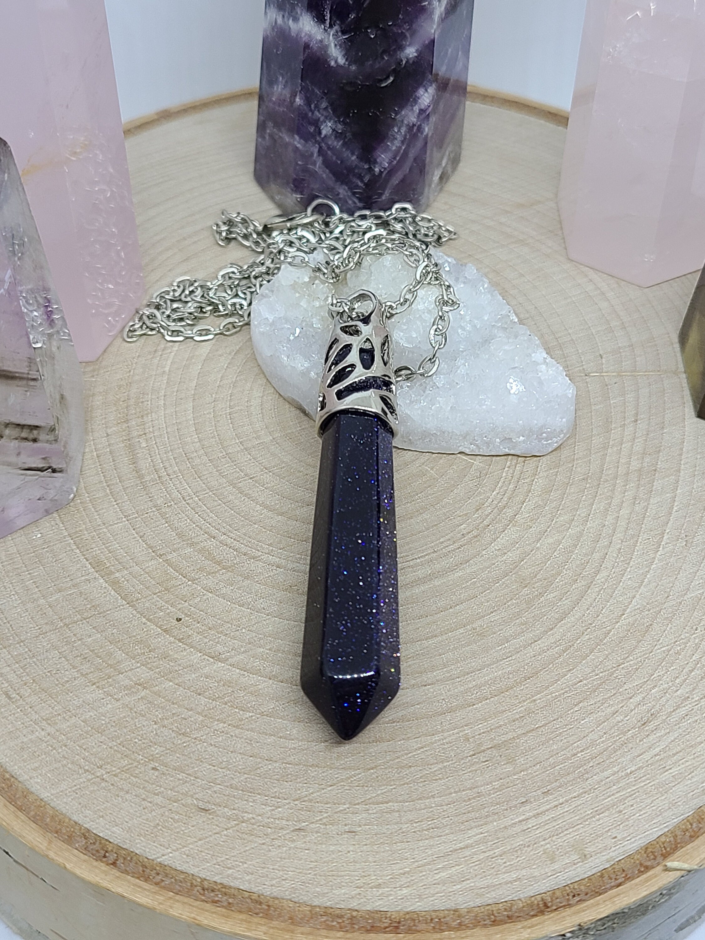 Blue Goldstone Pendant Necklace, Blue Goldstone Pendulum Necklace ...
