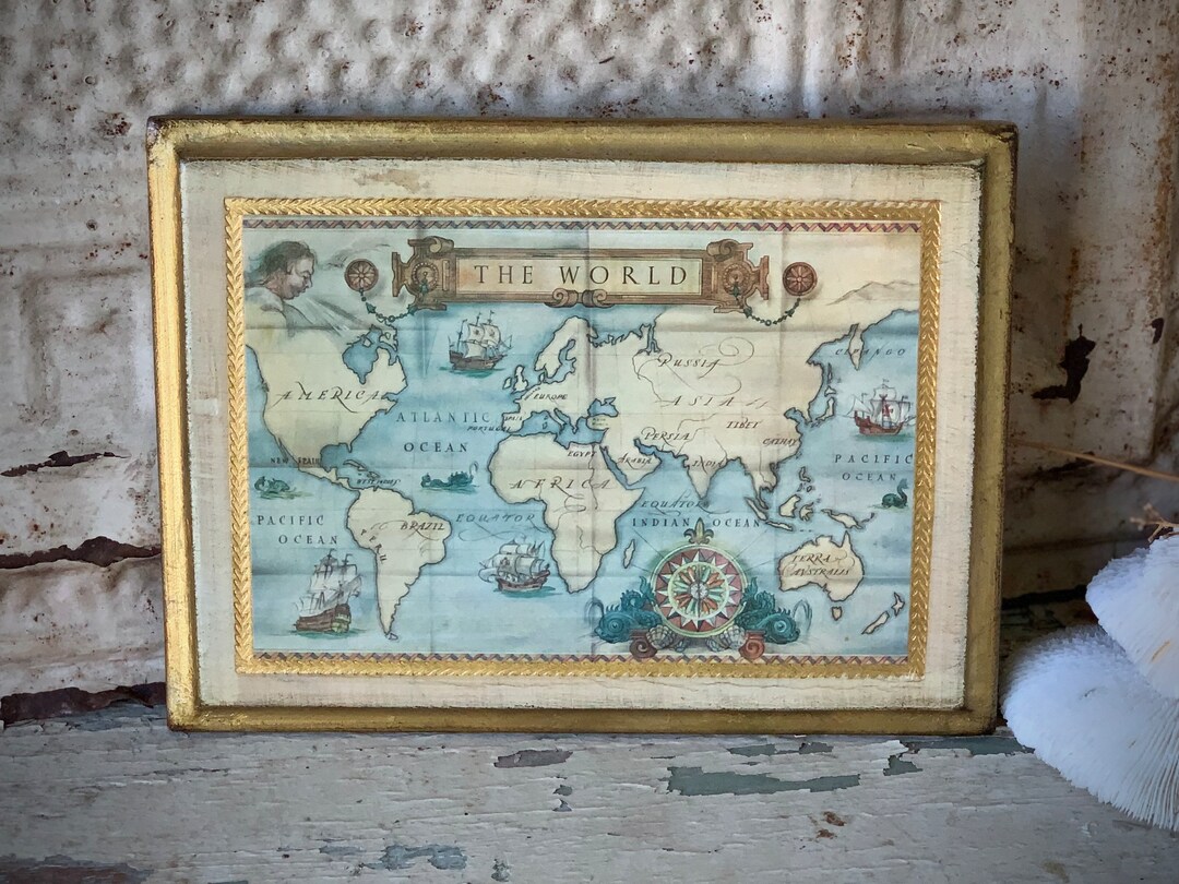 Vintage Mini Florentine World Map Print Italian Gold Wood - Etsy