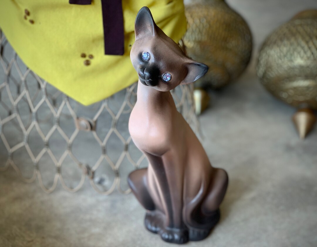 Vintage Siamese Cat Statue Mid Century Ceramic Pottery Kitty With Blue ...