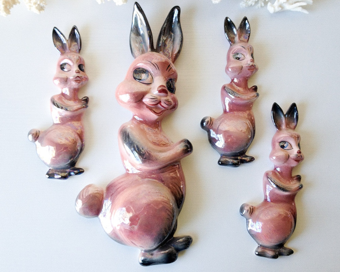 Vintage Pink Bunnies Wall Plaque Set Retro Ceramicraft Rabbit Family ...