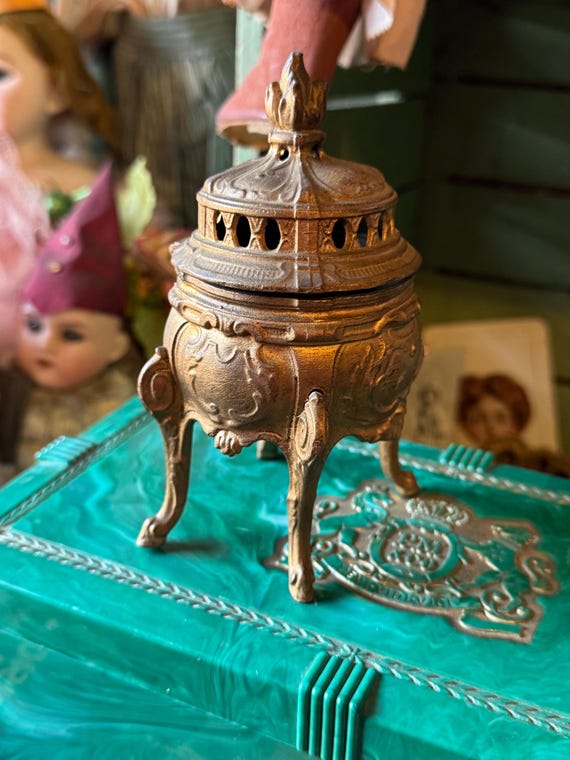 Antique French box ornate metal hinged footed incense… - Gem