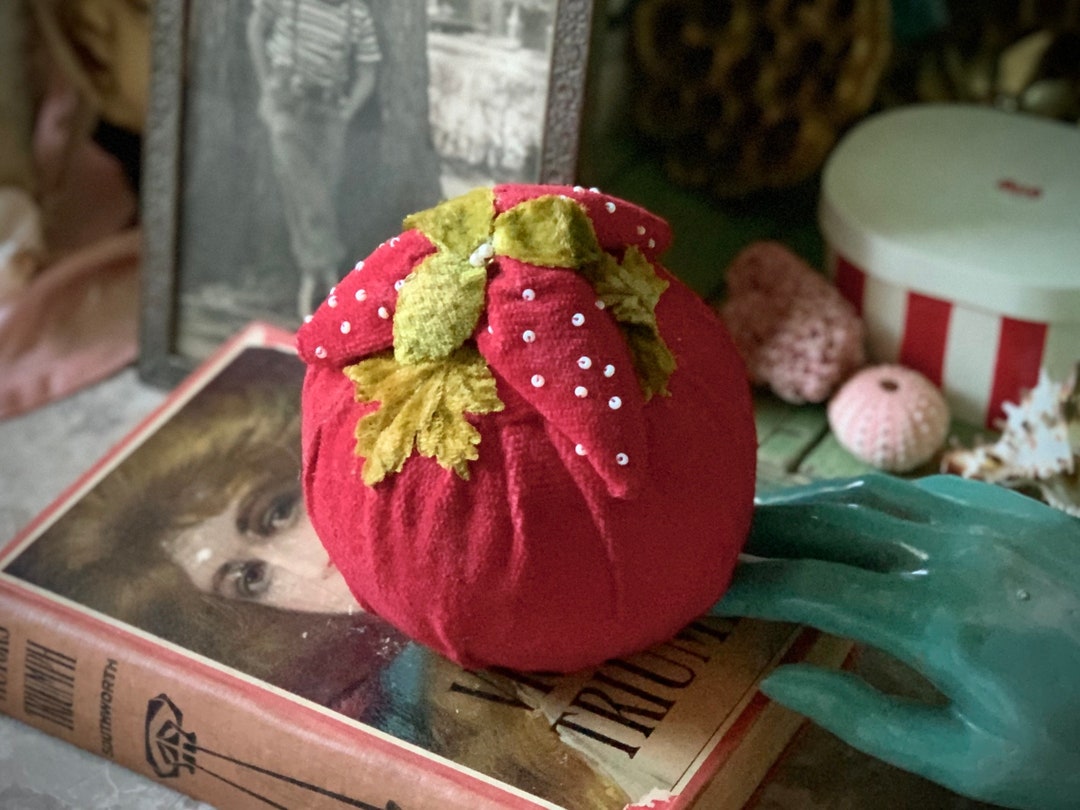 Vintage Strawberry Pincushion Stuffed Red Velveteen Beaded Berry Pin ...