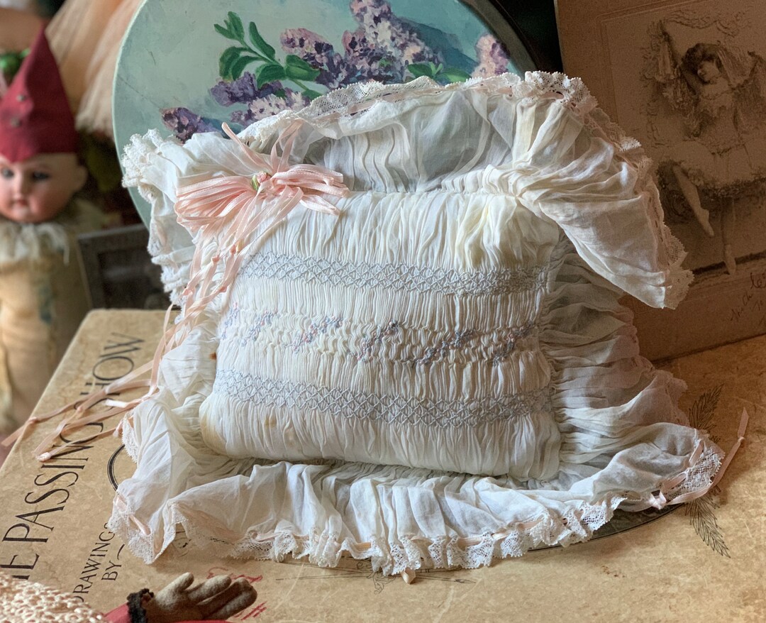 Vintage Miniature Ruffly Pillow Shabby Pink Ribbon Ruffly Lace Mini ...