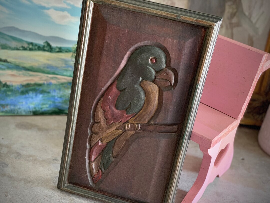 Vintage Wood Carved Parrot Picture: Handmade Painted Wall Art - Etsy