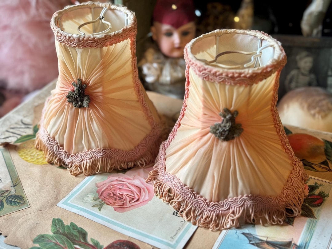 Vintage Pair Miniature Lamp Shades Pink Ruffly Fringe Clip on Lighting ...