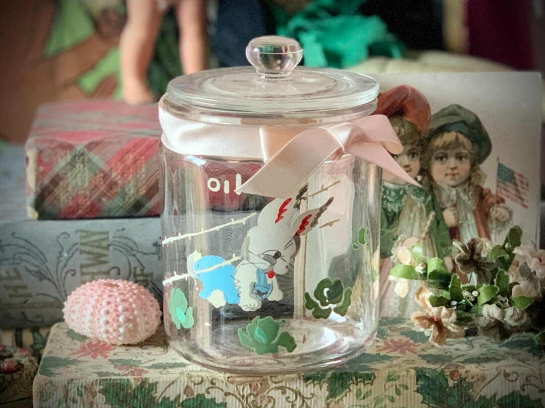 Vintage Mini Bunny Rabbit Glass Jar Cute Old Oil Lidded Miniature Baby ...