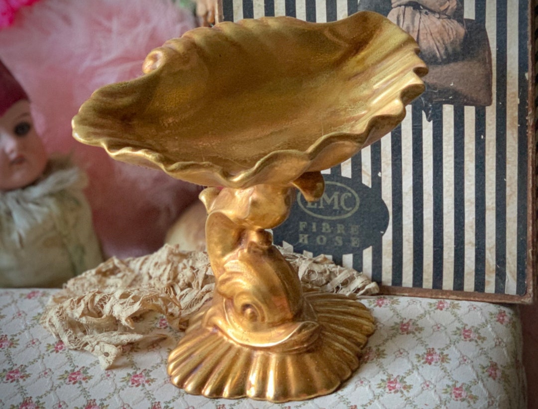 Vintage Gold Seashell and Fish Dish Small Ceramic Tray Small - Etsy