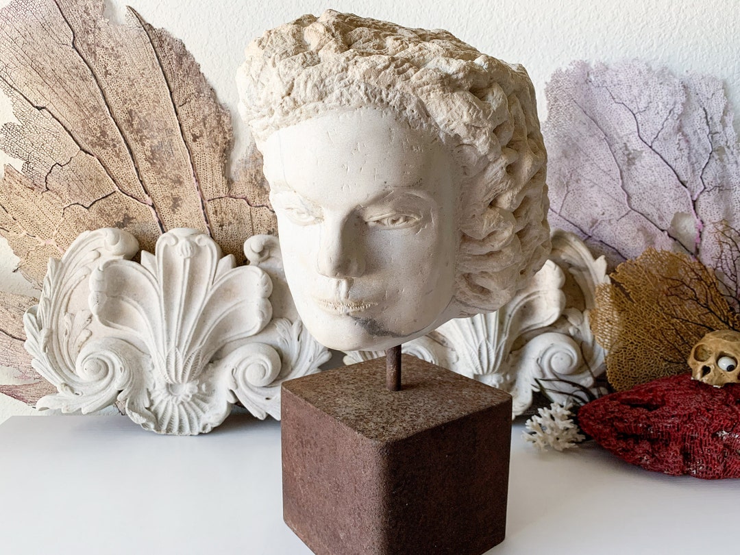 Vintage Stone Head Statue Male Classical Bust Carved Figural Sculpture ...