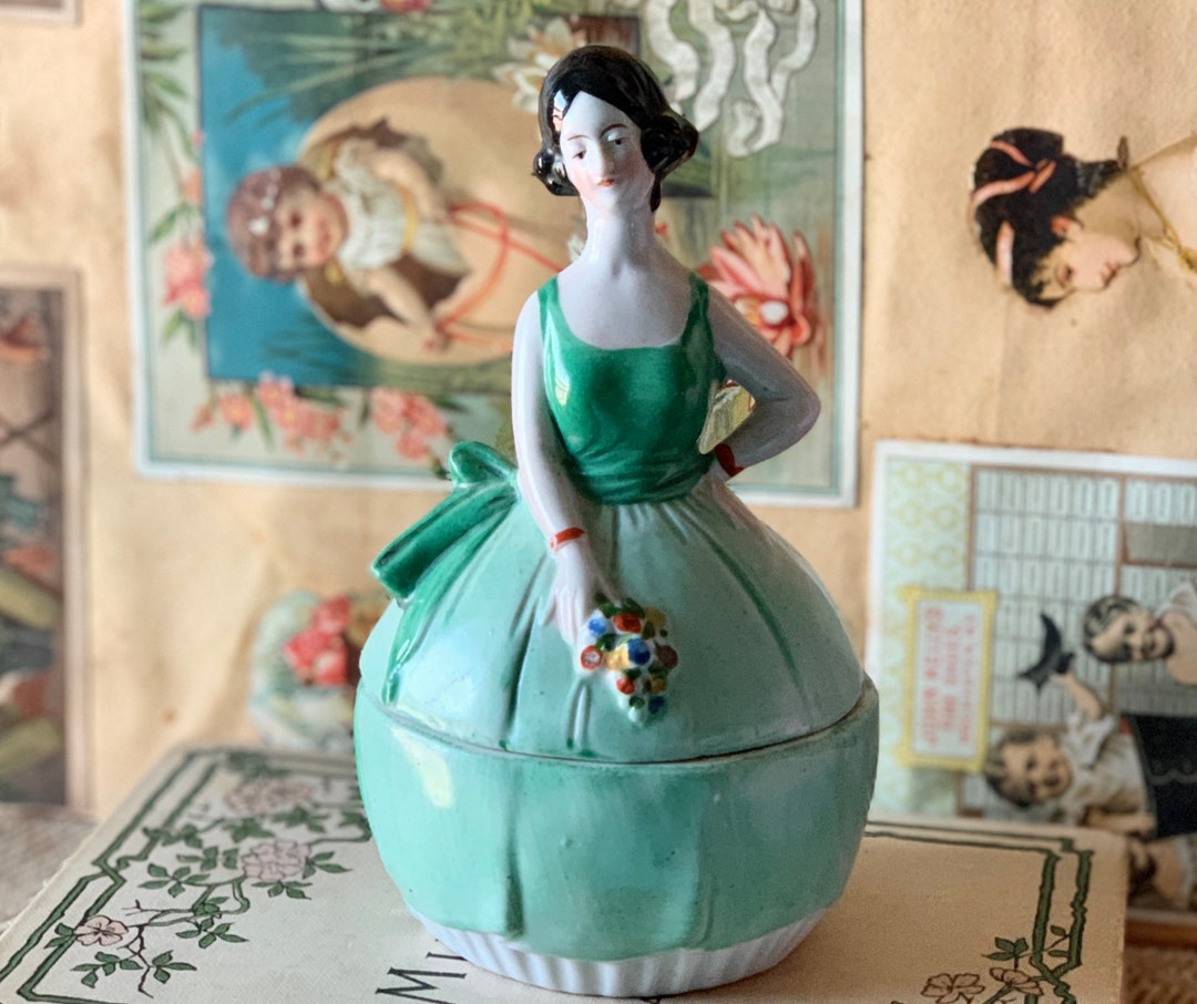 Vintage Dresser Doll Figural Lady Box Old Porcelain Girl Figurine Box 6 ...