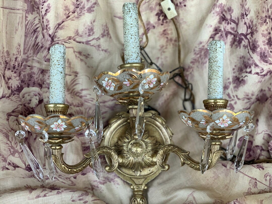 Vintage Fancy Sconce Ornate Brass Floral Glass Crystals Romantic Wall ...