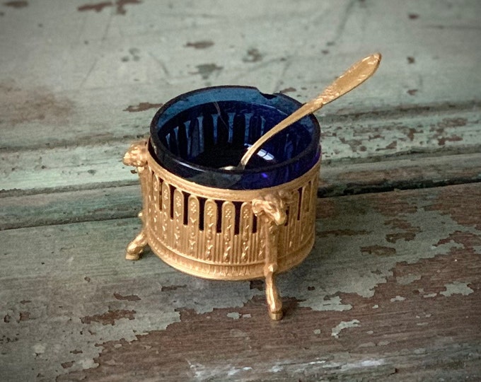 Vintage Salt Cellar Cobalt Blue Glass Ram Head Metal With Spoon - Etsy