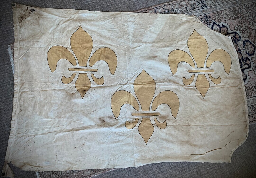 Vintage Fleur De Lis Flag Age Worn French Stitched Cloth Tattered Torn ...
