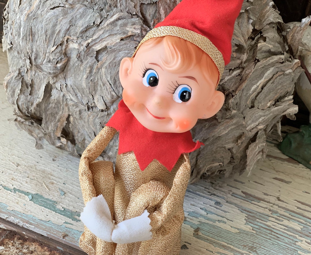 Vintage Knee Hugger Elf Large Gold Shelf Sitter Pixie Christmas ...