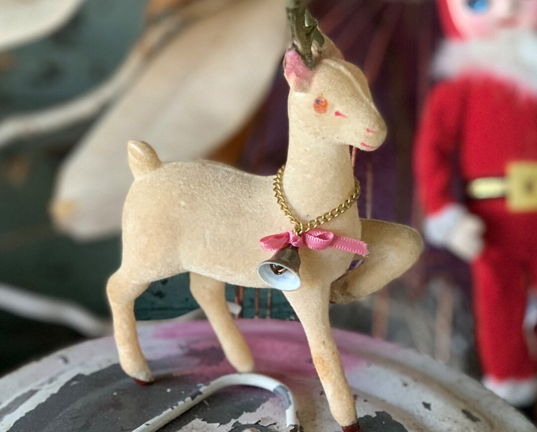 Vintage Flocked Reindeer Figurine Small Retro Prancing Christmas Deer ...