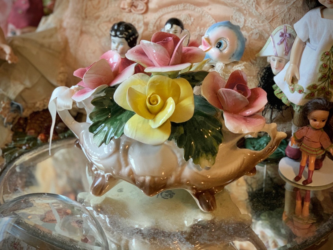 Vintage Italian Capodimonte Porcelain Rose Flower Centerpiece Floral ...