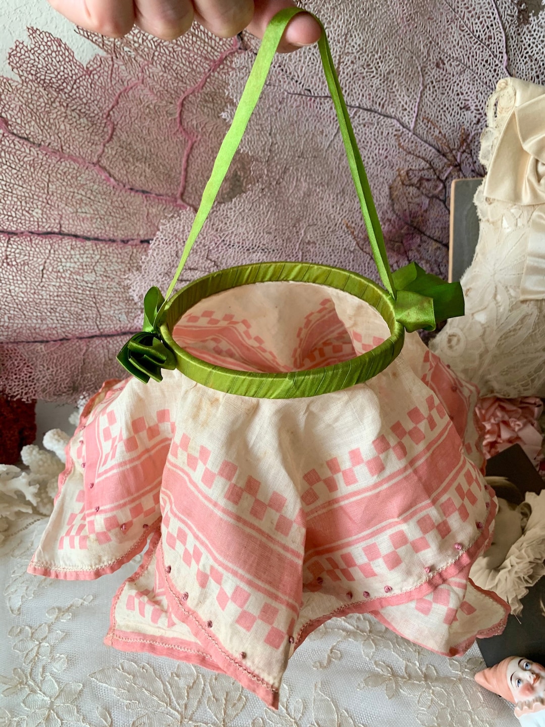 Vintage mini handmade pink hanky purse antique old homemade checkered ...