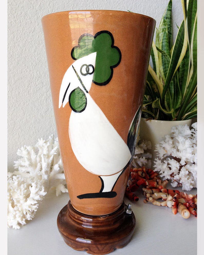 Vintage Pottery Lamp Dodo Bird Painted Cone Table Light Mid - Etsy