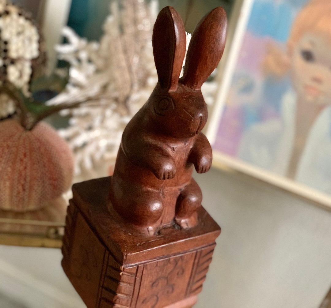 Vintage Carved Wood Rabbit Statue Small Teak Wooden Bunny Standing on ...