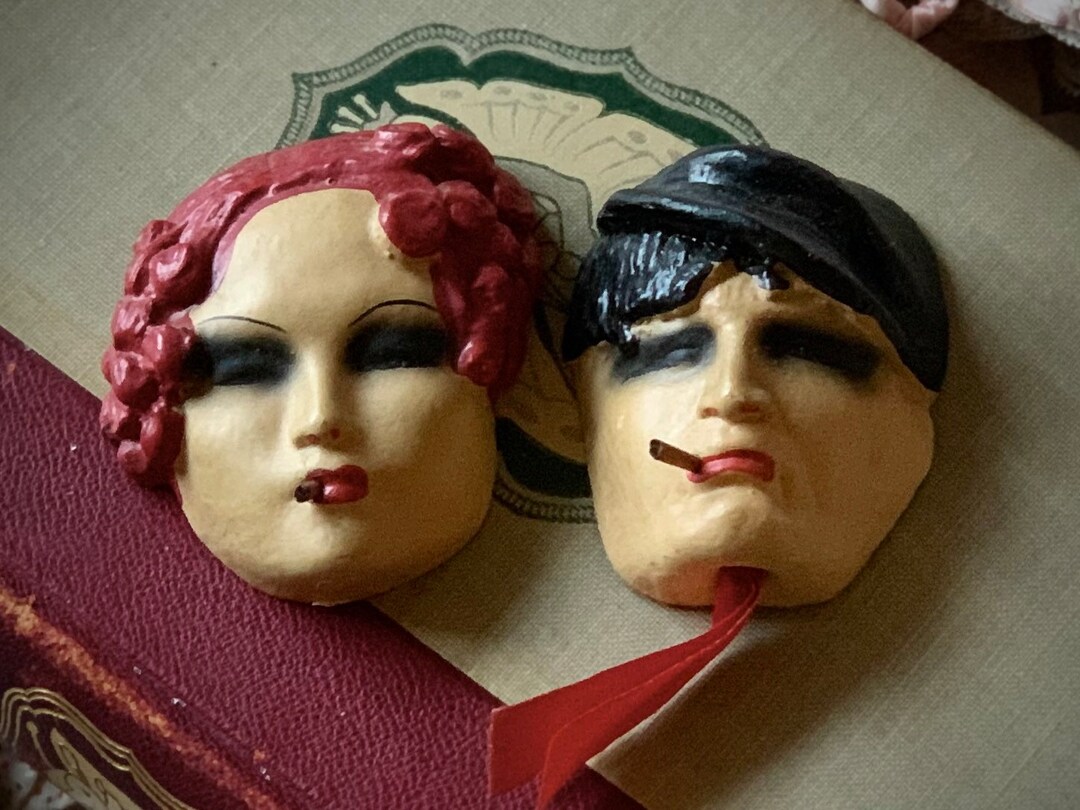 Vintage Pair Miniature Couple Wall Mask Heads Mini French Style Apache Dancer Tiny Smoker Face ...