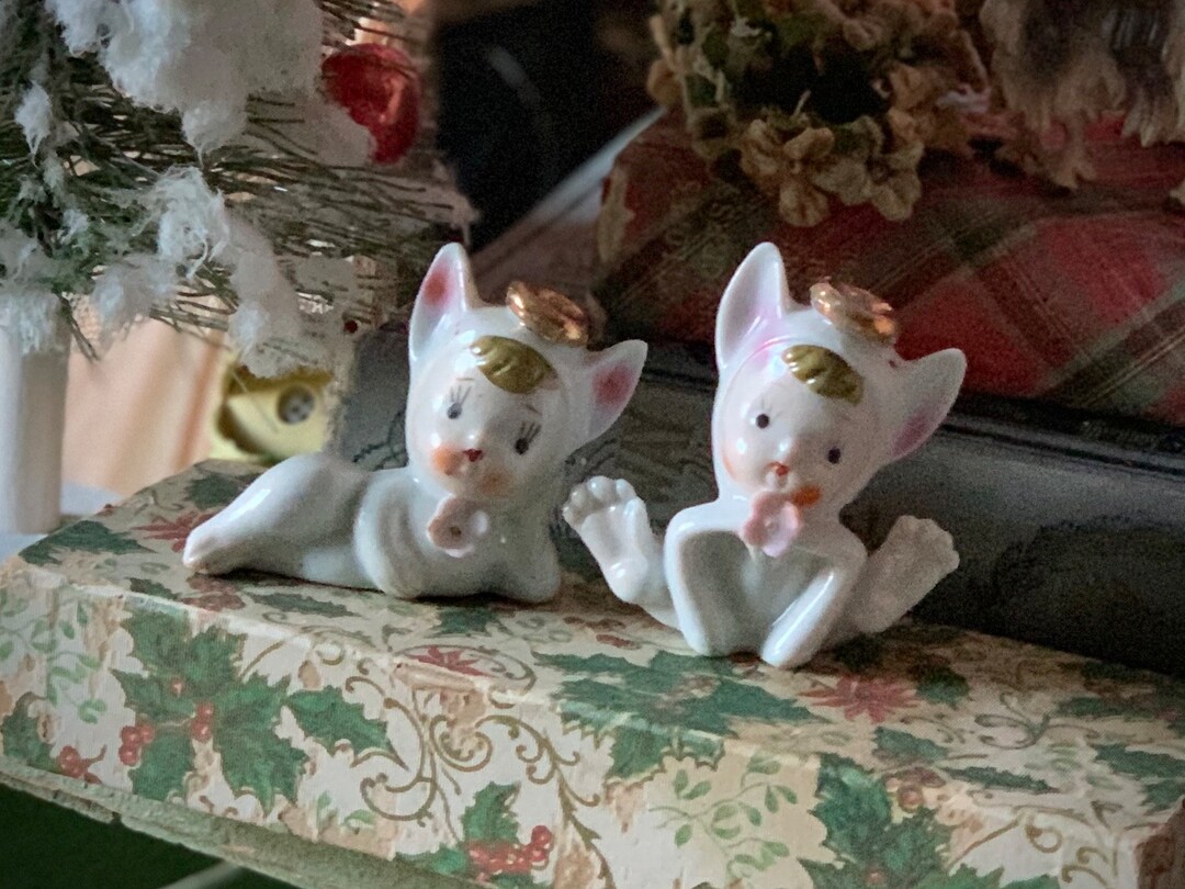 Vintage Pair Pixie Angel Figurines Miniature Japan Porcelain Catsuit or ...