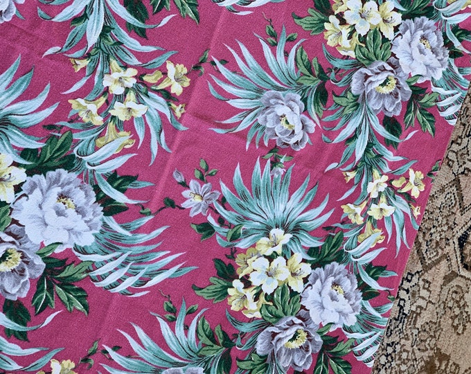 Vintage Mid Century Tropical Flowers Fabric Retro Salvaged Barkcloth ...