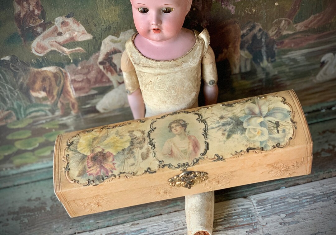 Antique Celluloid Box Art Nouveau Figural Floral Glove Dresser Box Silk ...