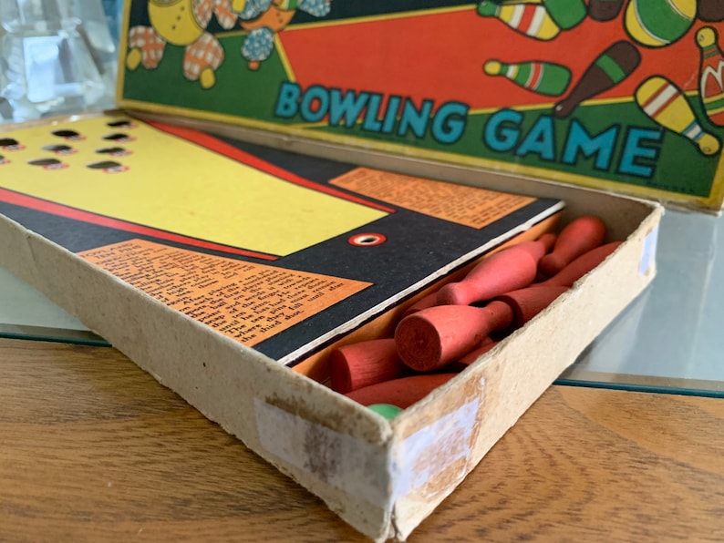 Vintage Bowling Game Toyland Ten Pins Box Miniature Tabletop Board Game ...