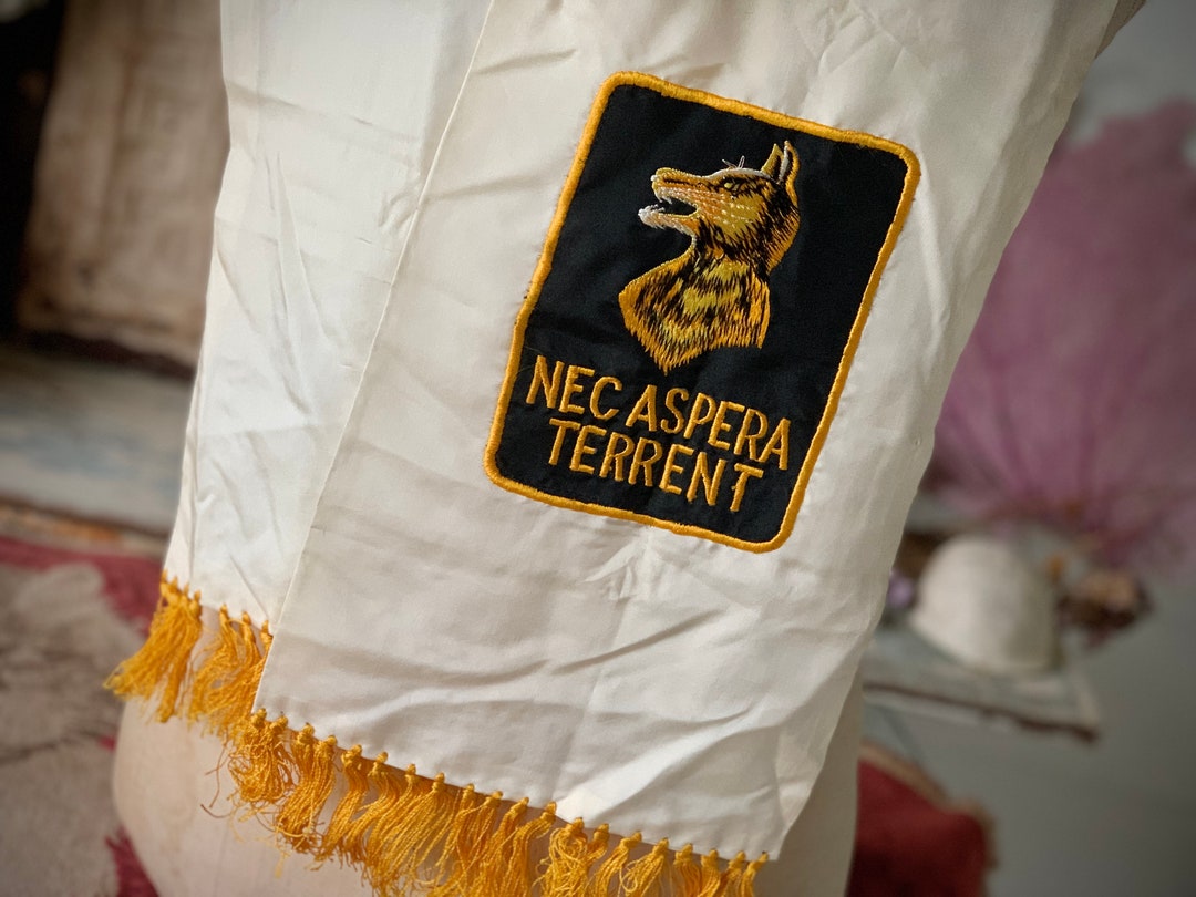 Vintage Nec Aspera Terrent Wolfhound Silk Scarf Army Crest Embroidered ...
